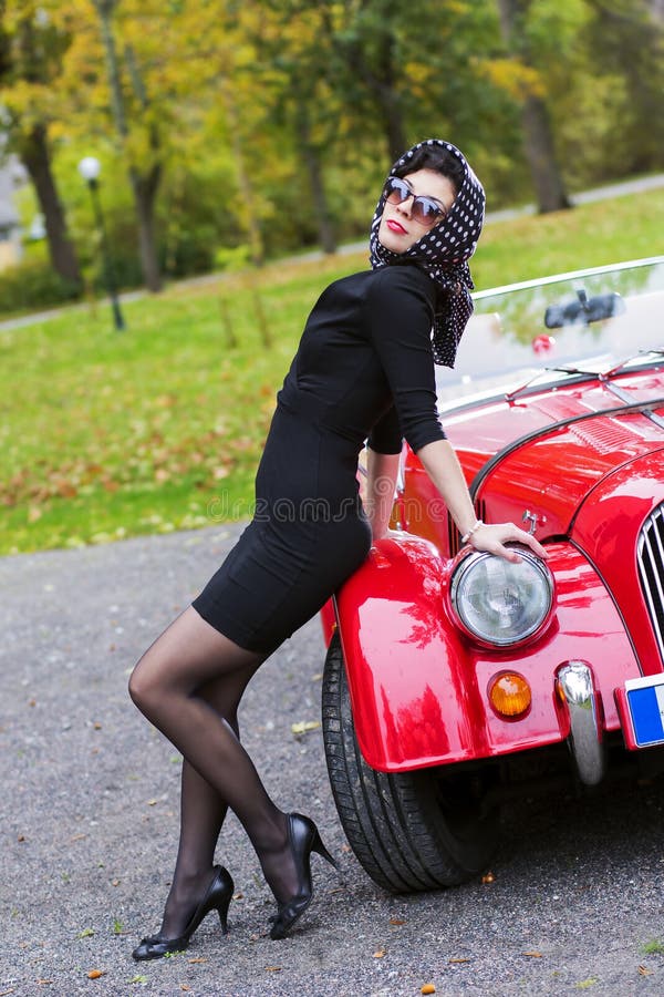 Woman in Black Posing on Retro Car Front Stock Photo - Image of hairs ...