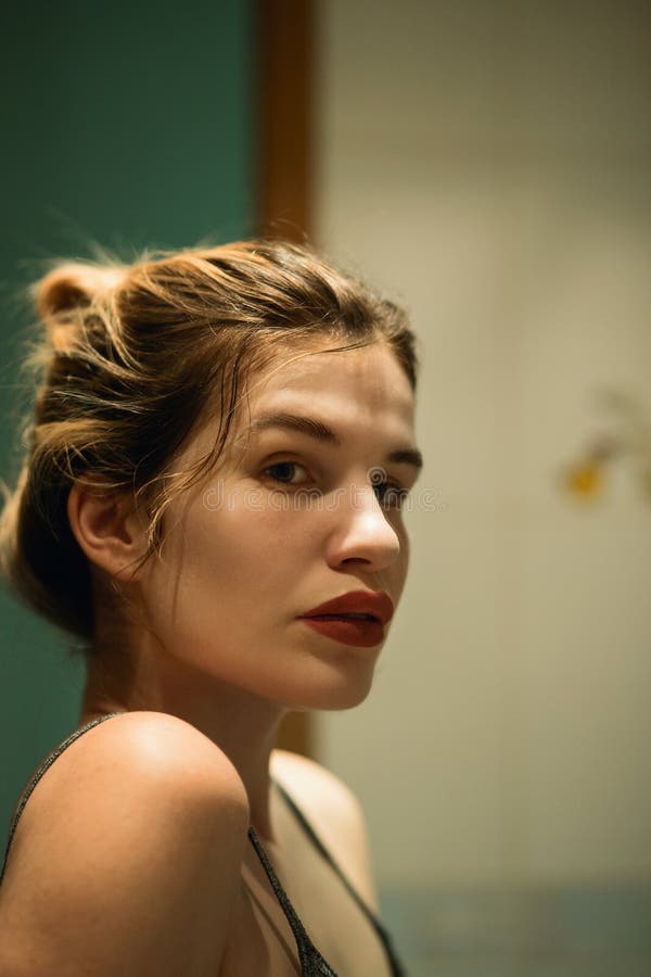 Woman In Black Spaghetti Strap Top Stock Image - Image of forehead ...