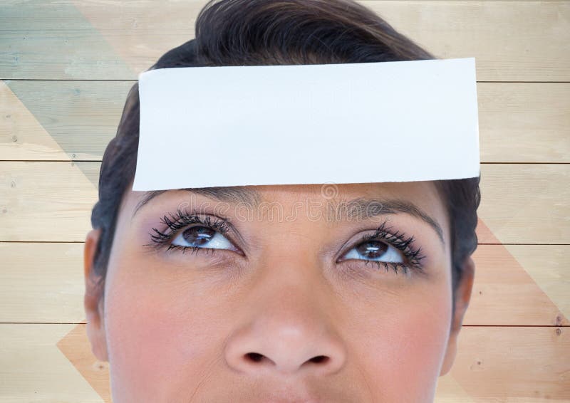 Woman with Blank Sticky Note on Forehead Stock Image - Image of card ...
