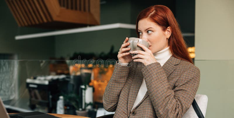 Woman in Blazer Drinking Coffee at Coffee Shop Stock Photo - Image of ...