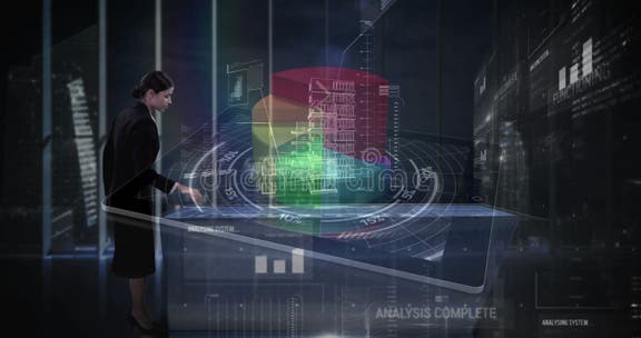 Woman in Blazer Using Touchscreen Table in Tech Lab, Exploring Pie ...