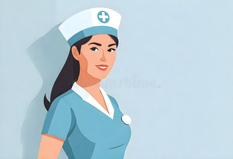 A Woman in a Blue Nurse Uniform with a Nurse Cap on Her Head Stock ...