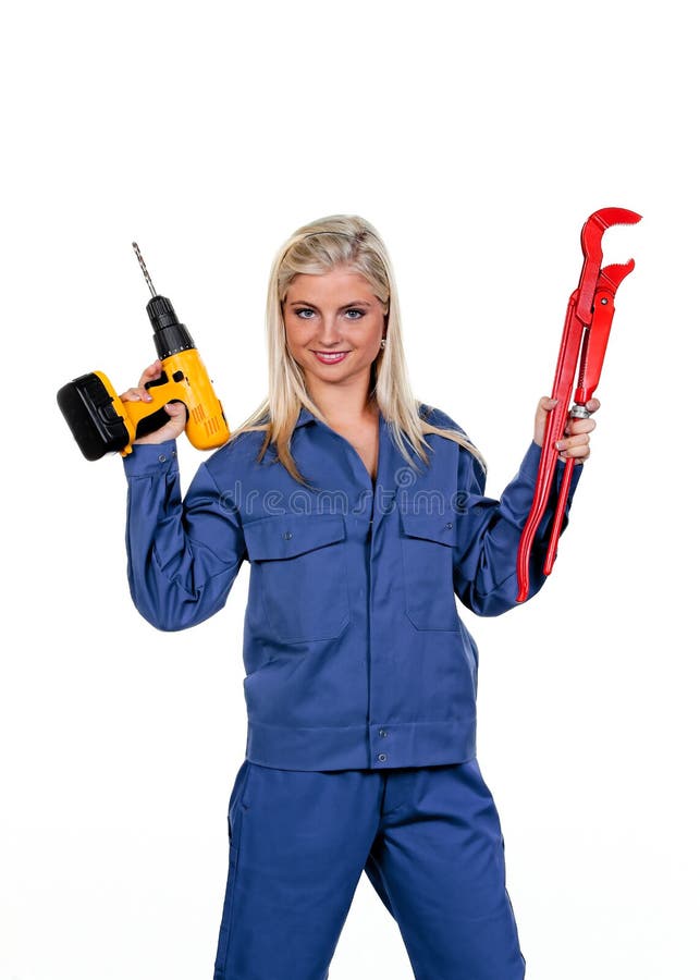 Woman in Blue Work Clothes with Drill Stock Photo - Image of internship ...