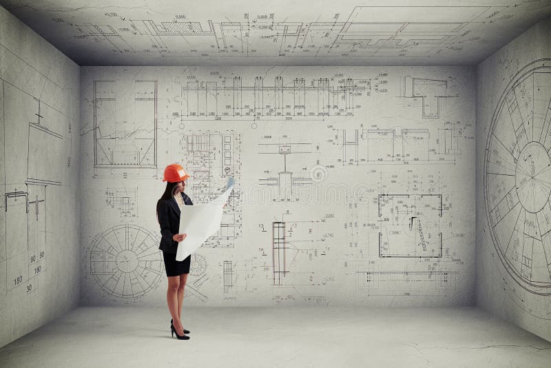 Woman with Blueprint in Empty Room Stock Image - Image of contractor ...