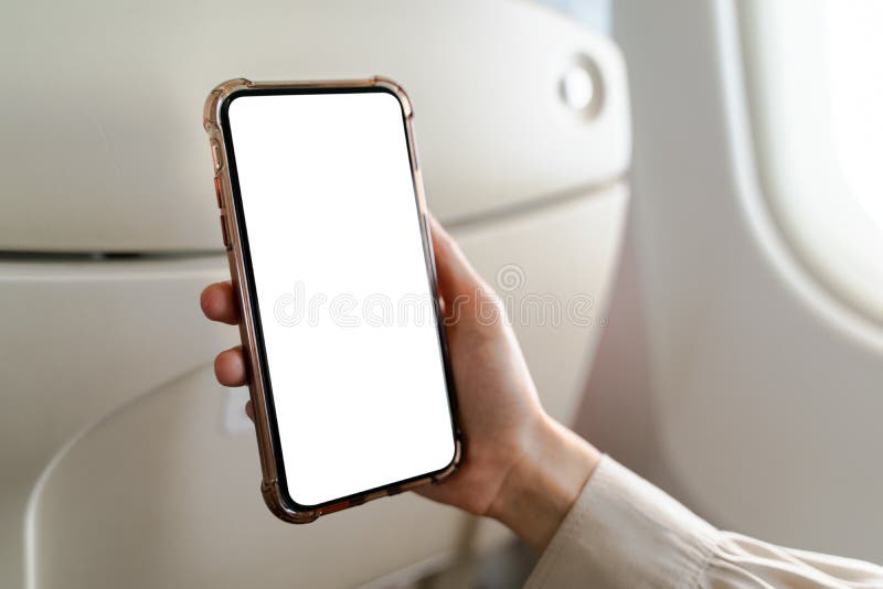 Woman on Board of an Airplane with White Screen Mobile Mockup in Hand ...