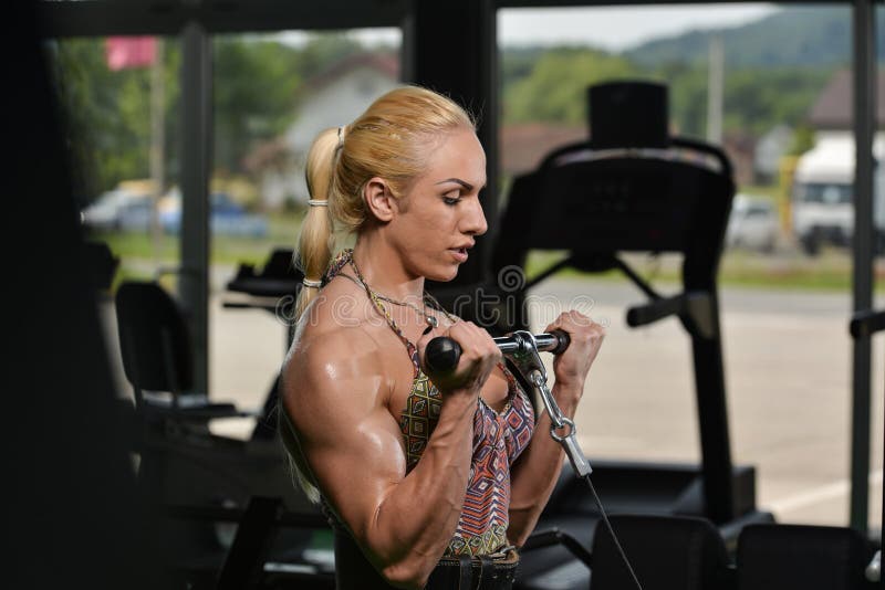 Woman Bodybuilder Doing Exercise for Biceps Stock Image - Image of ...