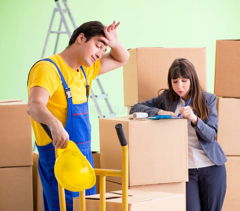 Woman Boss and Man Contractor Working with Boxes Delivery Stock Image ...