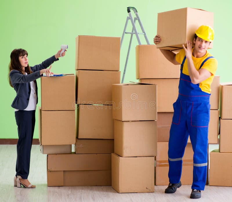Woman Boss and Man Contractor Working with Boxes Delivery Stock Image ...