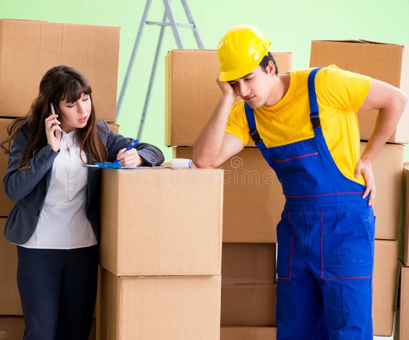 Woman Boss and Man Contractor Working with Boxes Delivery Stock Image ...