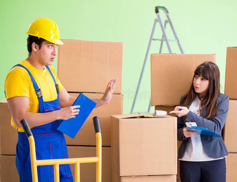 Woman Boss and Man Contractor Working with Boxes Delivery Stock Photo ...