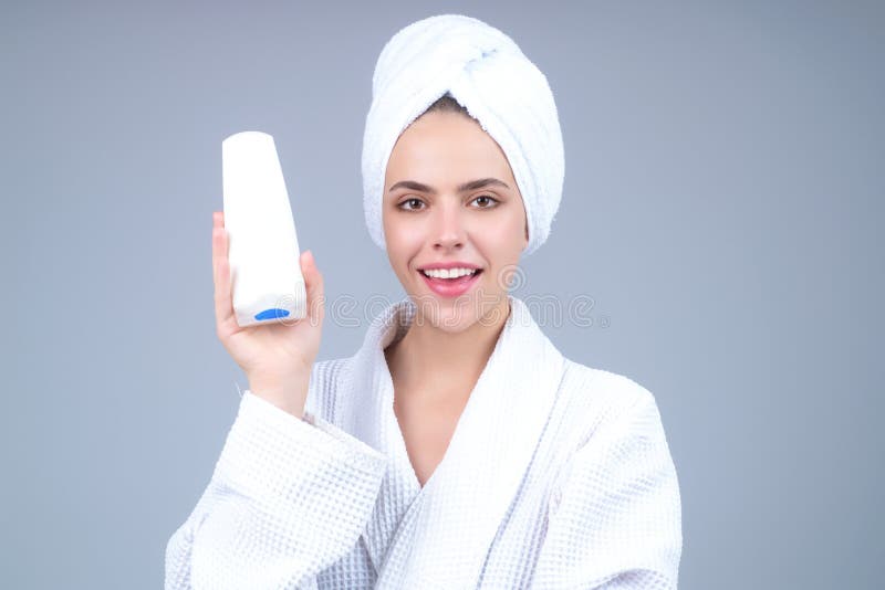 Woman with Bottle Shampoo in a Studio. Stock Image - Image of bathrobe ...