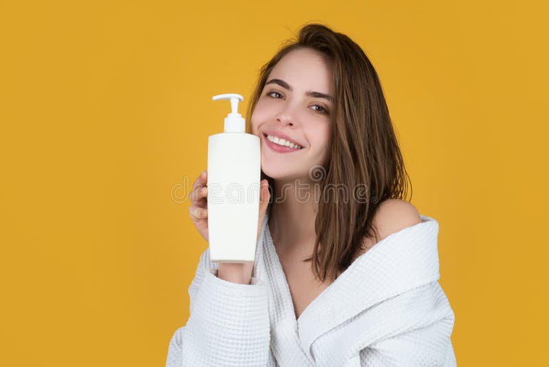 Woman with Bottle Shampoo in a Studio. Stock Image - Image of woman ...