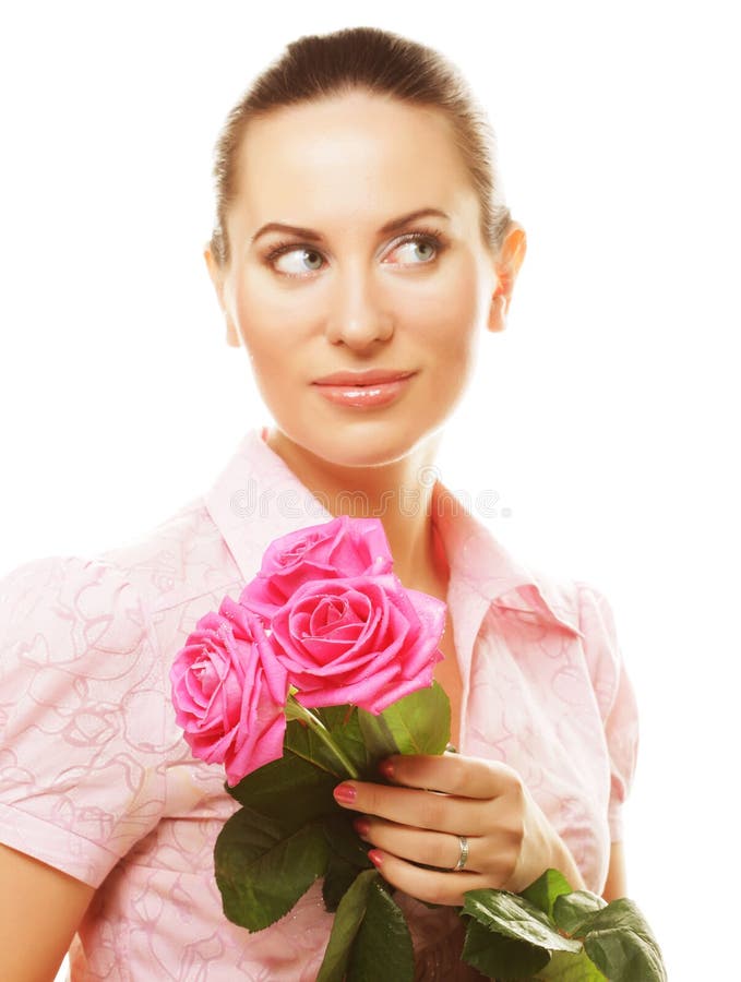 Woman with Bouquet of Pink Roses Stock Image - Image of sensuality ...