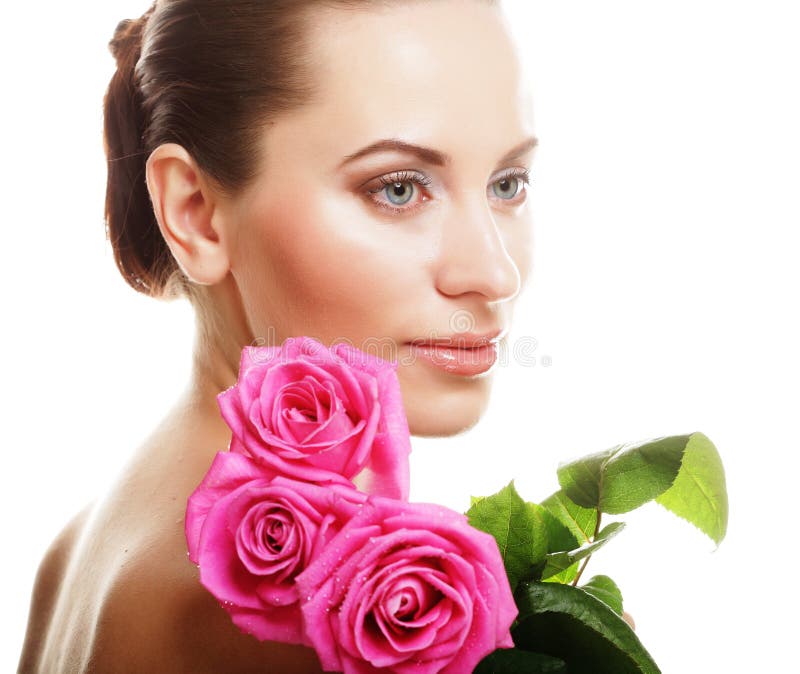 Woman with Bouquet of Pink Roses Stock Image - Image of female, eyes ...