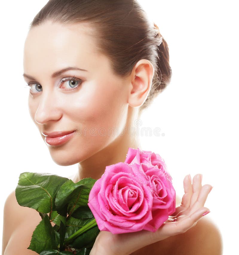 Woman with Bouquet of Pink Roses Stock Image - Image of sensuality ...