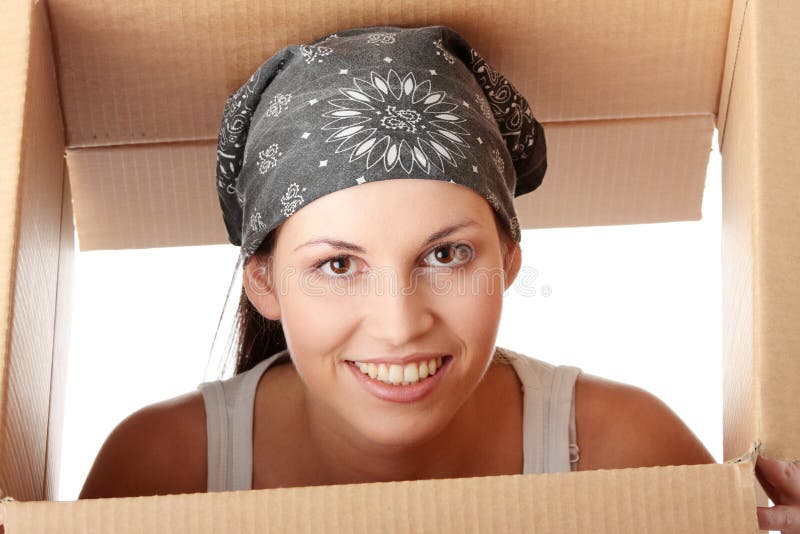 Young Woman with Cardboard Box Stock Photo - Image of female, american ...