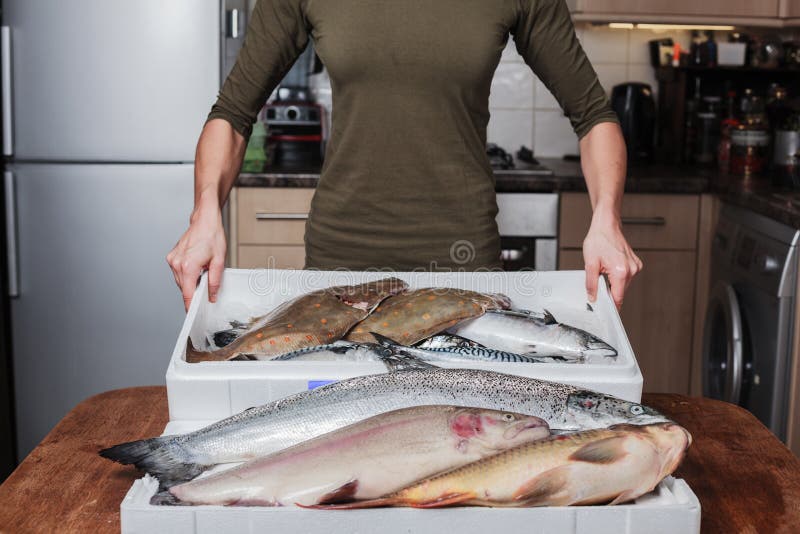 Woman with a Box of Fish in Her Kitchen Stock Image - Image of seafood ...