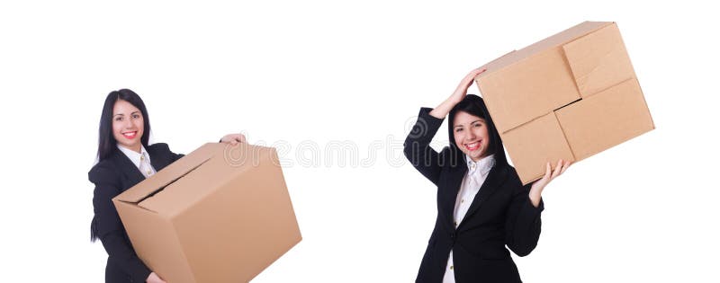 Woman with box on white stock image. Image of cardboard - 163067057