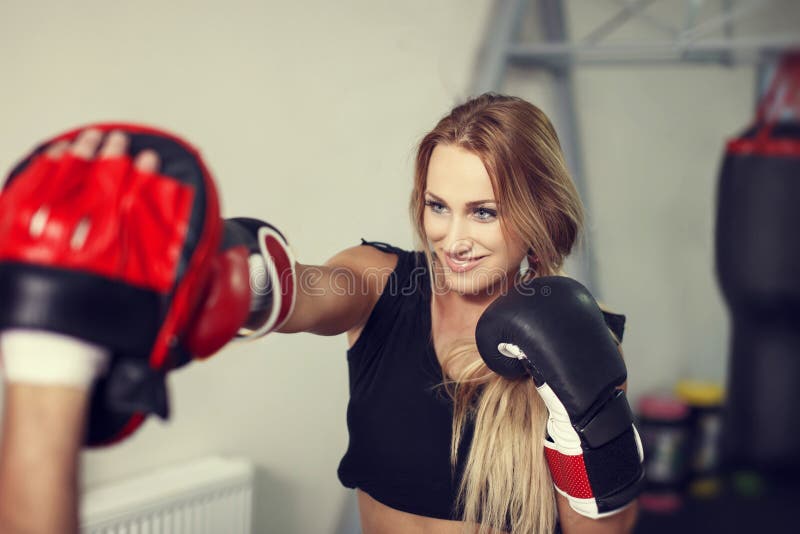 Woman Boxer In Sports Bra And Red Gloves Stock Image - Image of ...