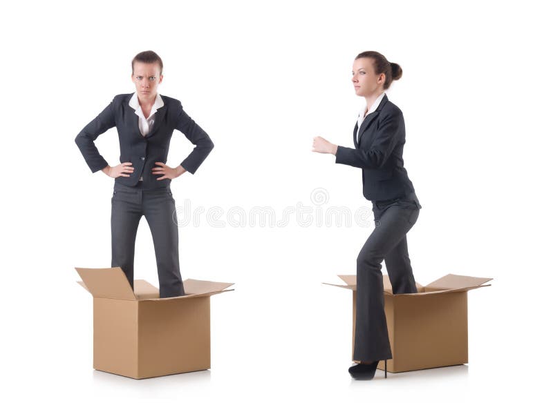 Woman with boxes on white stock photo. Image of outside - 180656364