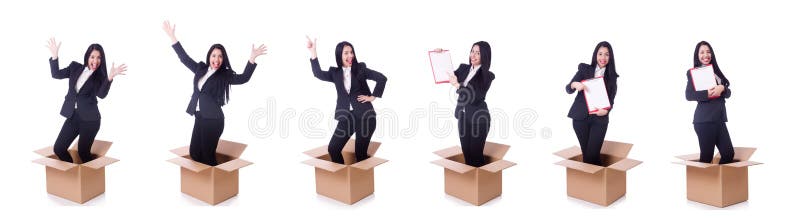 Woman with boxes on white stock photo. Image of container - 161412412