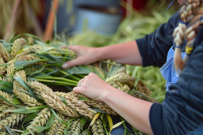 Woman Braiding a Wreath from Fresh Rye Ears Stock Illustration ...