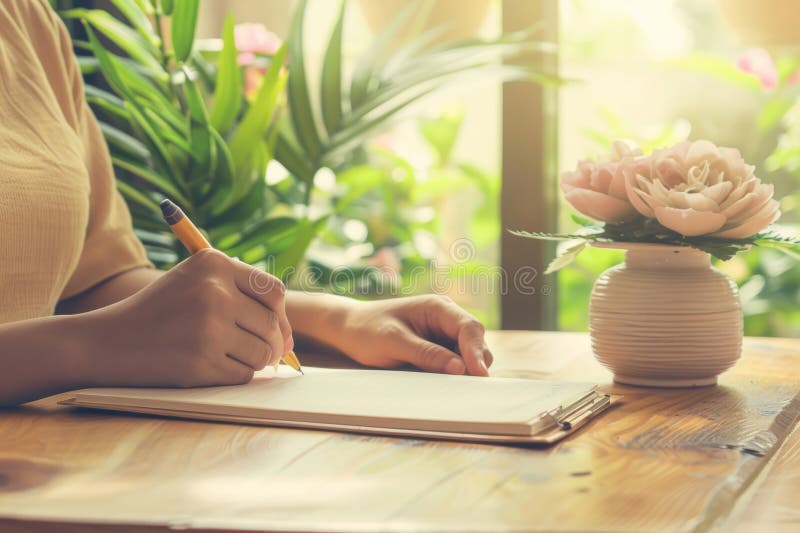 Woman Brainstorming Ideas with a Notepad and Pen. Hand with Pen Writing ...