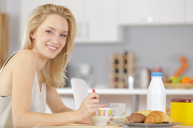 Woman Breakfast Healthy Food on Kitchen Table Stock Photo - Image of ...