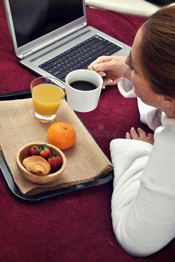 Woman Breakfast in Her Bed with Computer Stock Image - Image of ...