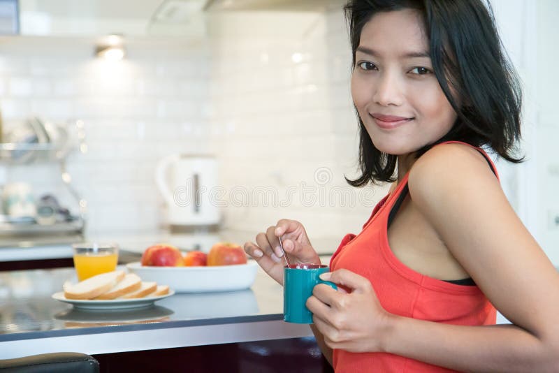 Woman with Breakfast at Home Stock Photo - Image of beautiful, flavor ...