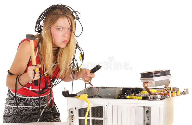 Woman breaking computer stock photo. Image of humor, destroying - 20670882