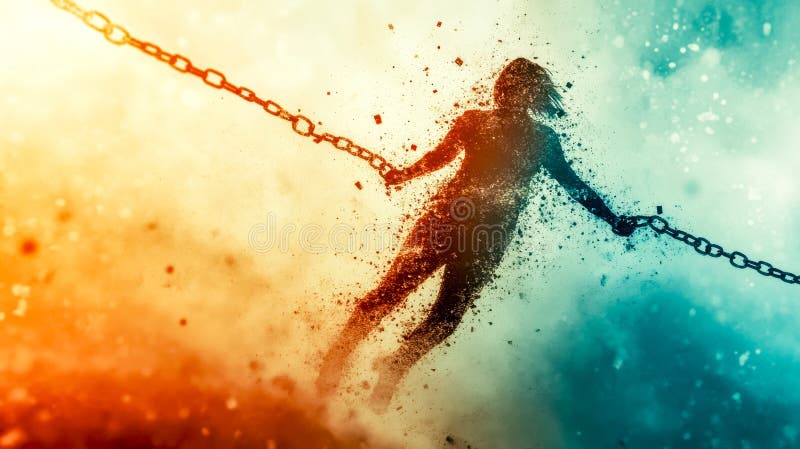 Woman Breaking Free from Chains Exploding into Particles Stock Photo ...