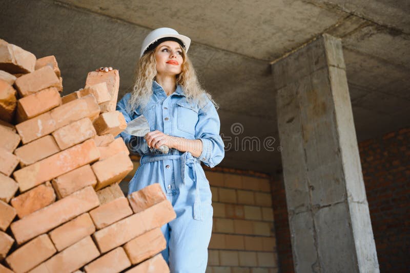 Woman with Brick in Construction Concept Stock Image - Image of house ...