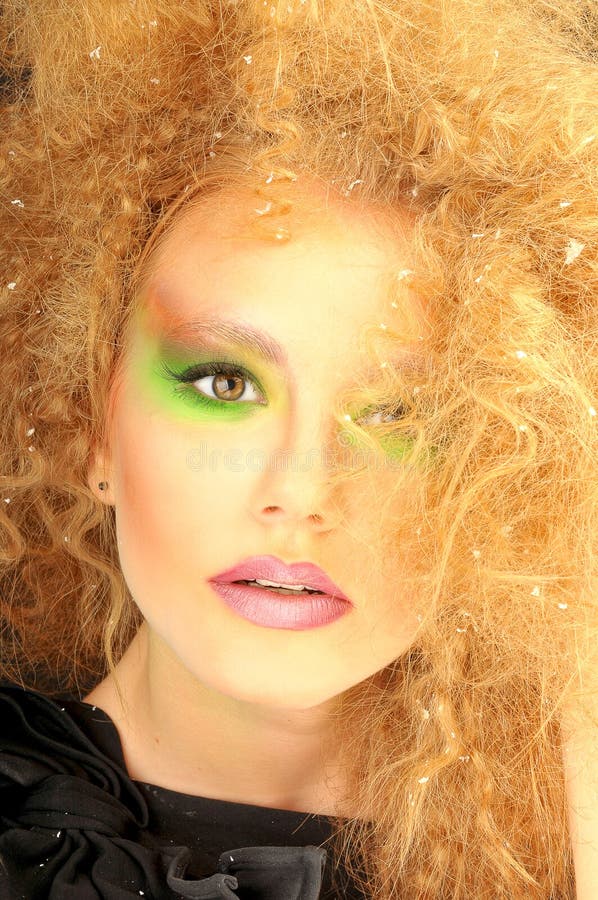 Woman with Bright Colored Makeup and Curly Hairstyle Stock Photo ...