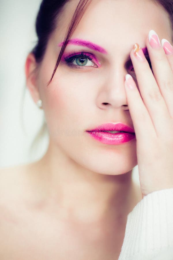 The Woman with a Bright Pink Make-up. Stock Photo - Image of confident ...