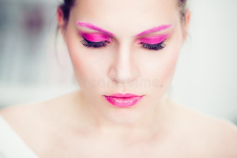 The Woman with a Bright Pink Make-up. Stock Image - Image of cute ...