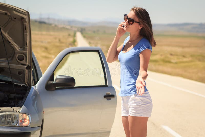 Woman with Broken Car on the Road Calling for Help Stock Photo - Image ...
