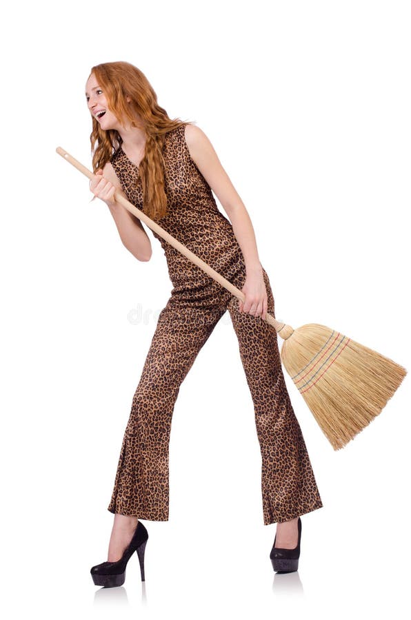 Woman with broom isolated stock photo. Image of cheerful - 40891374
