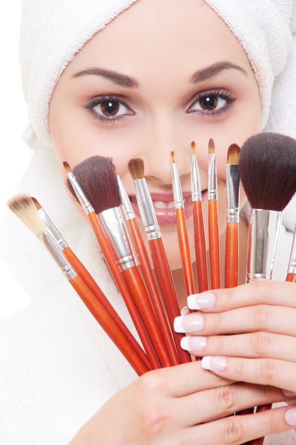 Woman with Brushes for Make-up Stock Photo - Image of looking, adult ...