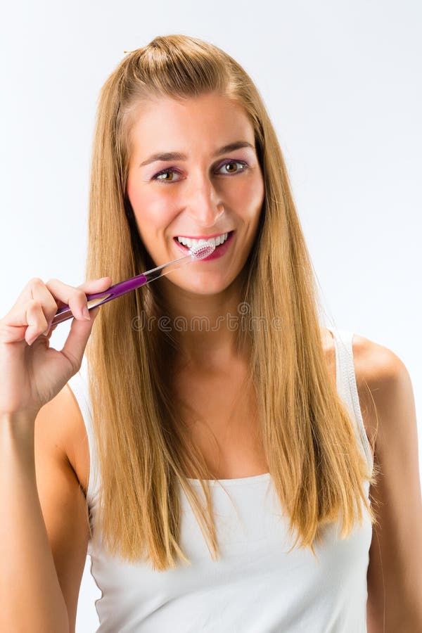 Woman Brushing Her Teeth with Toothbrush Stock Photo - Image of woman ...
