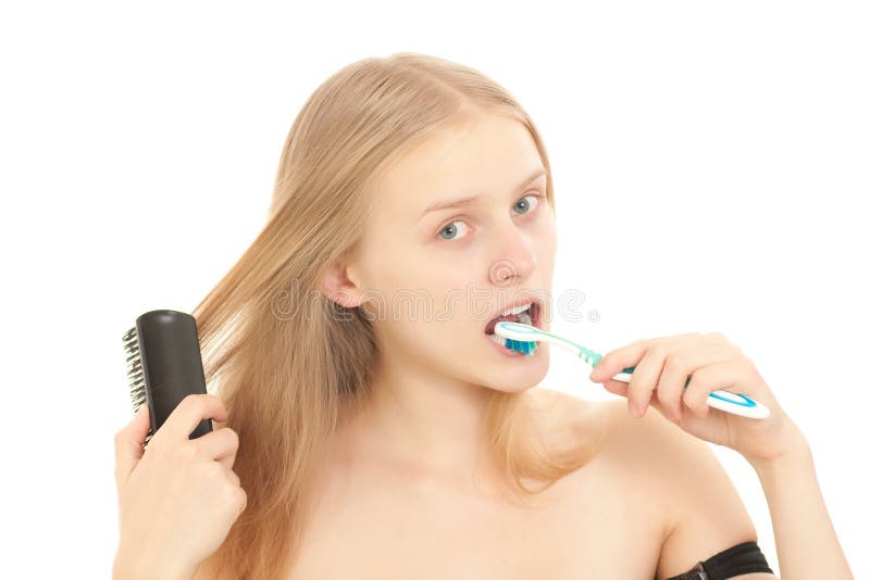 Woman Brushing Teeth and Comb Hair Stock Photo - Image of background ...