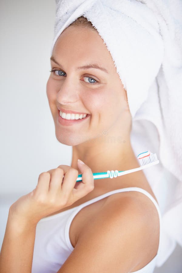Woman Brushing Teeth And Portrait For Clean Hygiene In Bathroom For