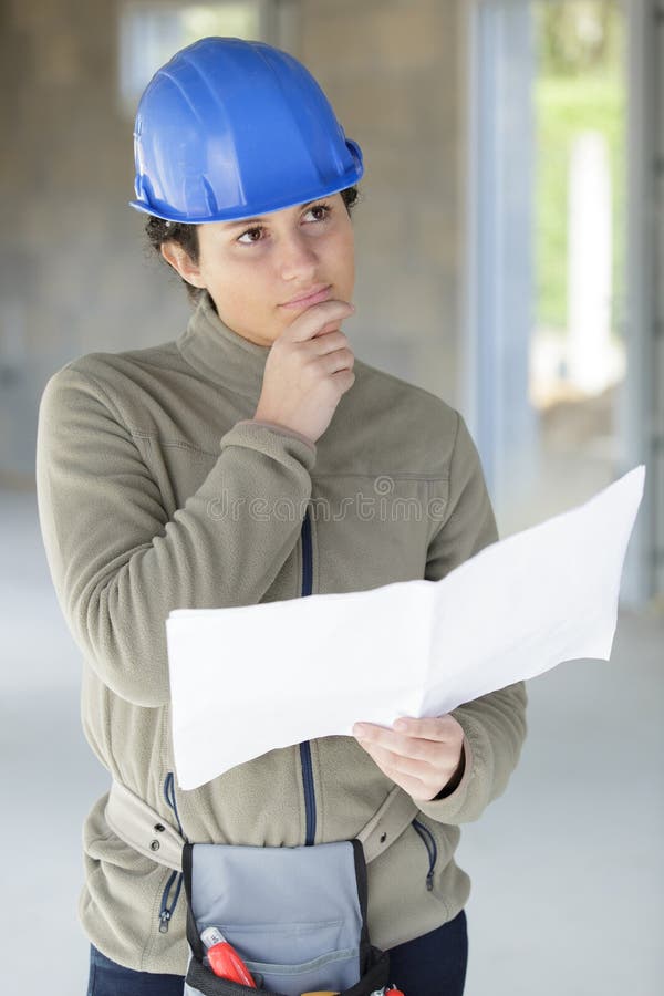 Woman Builder Thinking about House Planning Stock Photo - Image of ...