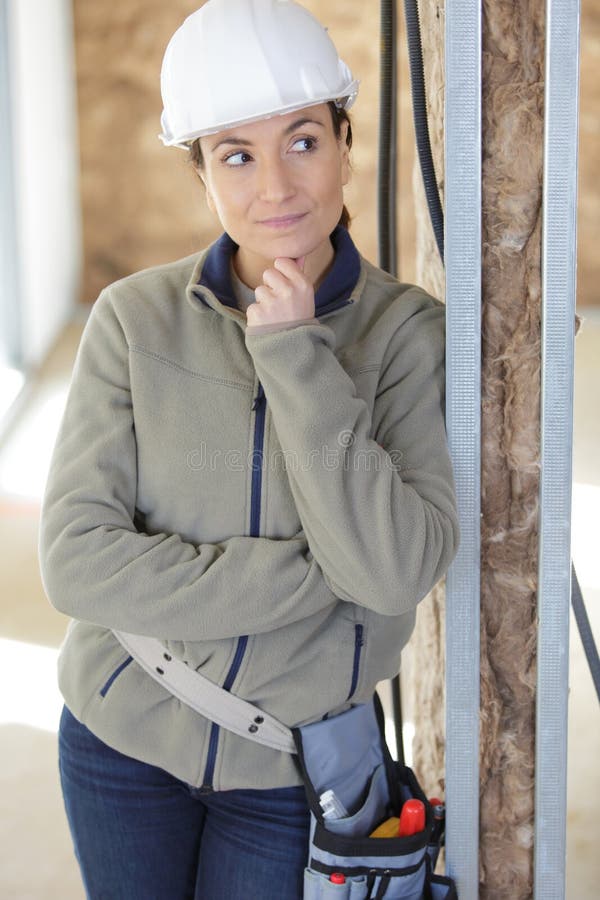 Woman Builder Thinking about Something Stock Image - Image of builder ...