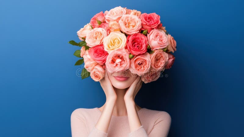 A Woman with a Bunch of Roses on Her Head, AI Stock Photo - Image of ...