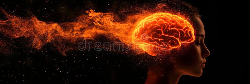 Woman with Burning Brain Exploding Particles and Dramatic Lighting on ...