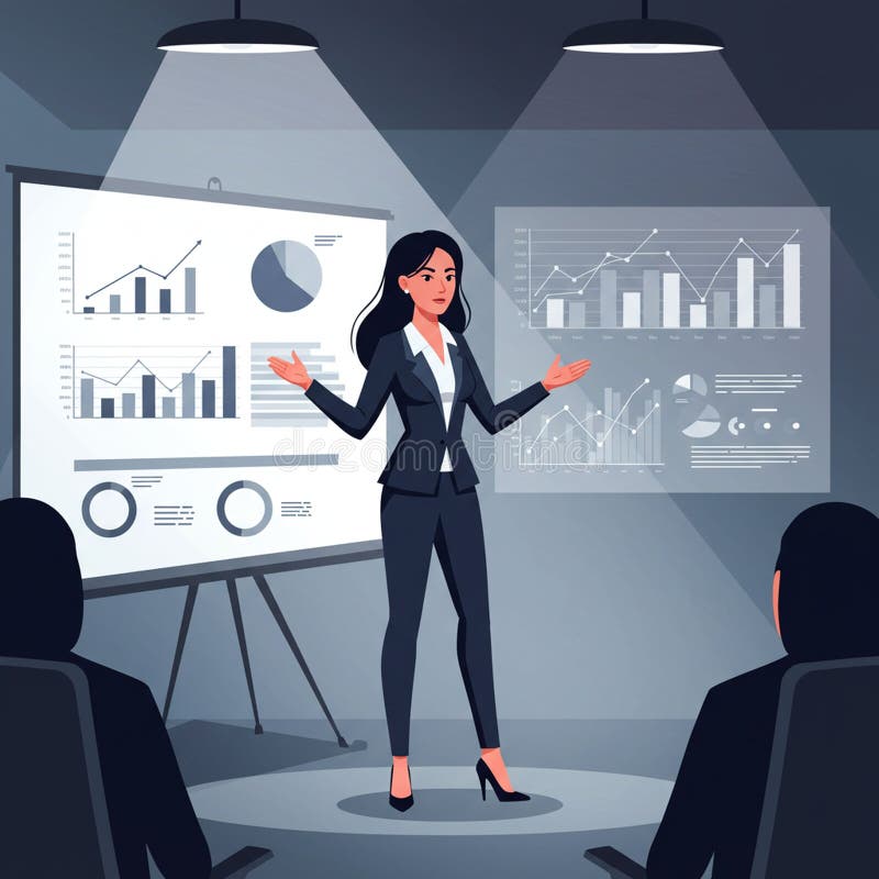 A Woman in a Business Suit is Presenting in an Office Setting. she ...