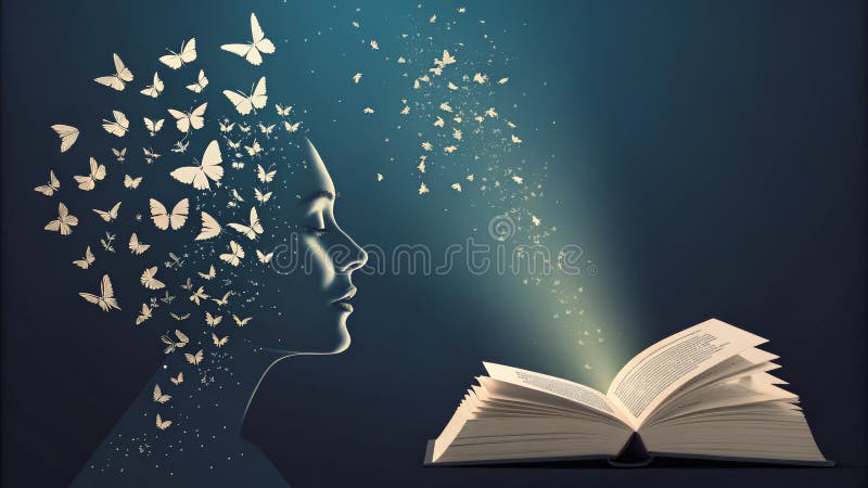 Woman, Butterflies, Open Book Imagination Stock Illustration ...