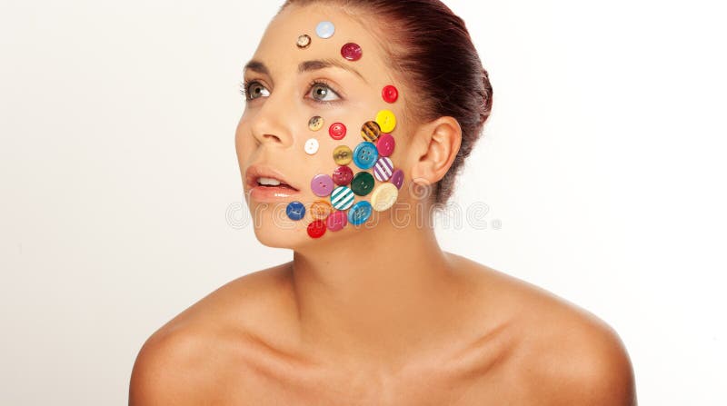 Woman with Buttons on Her Face Stock Image - Image of embellish ...