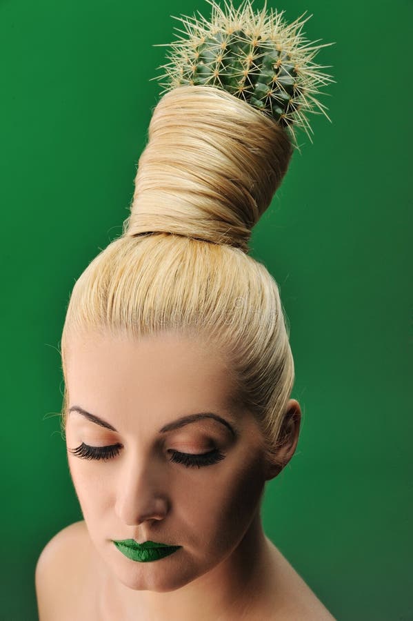 Woman with Cactus in Her Hair Stock Photo - Image of eyebrows, closed ...